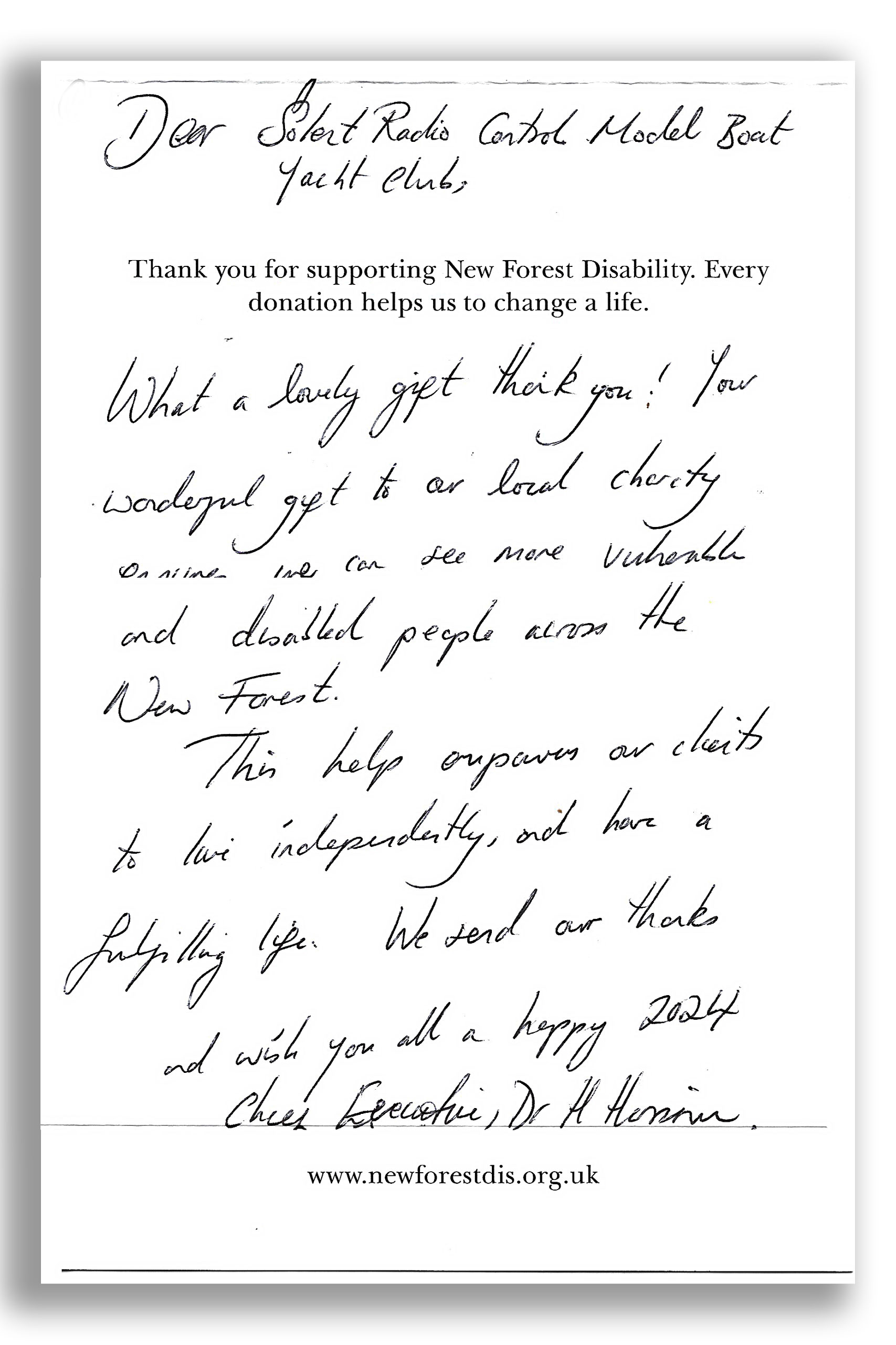 New Forest Disability Thank you letter – SRCMYC/SRCMBC